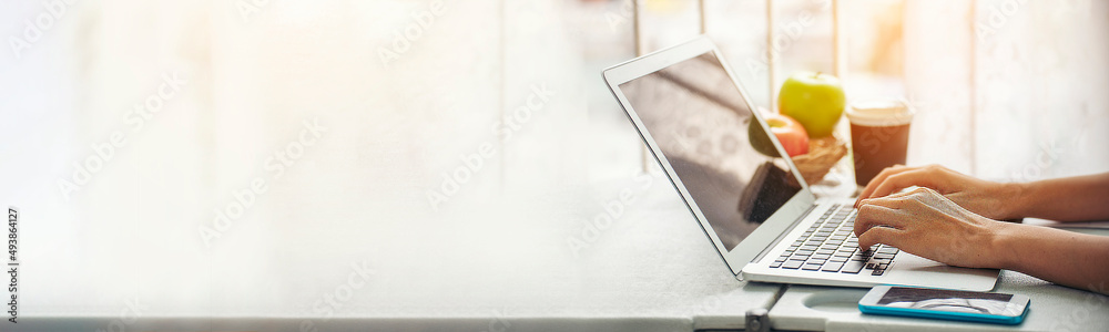 Banner Blogger Woman hands typing laptop keyboard. Panorama women hand ...