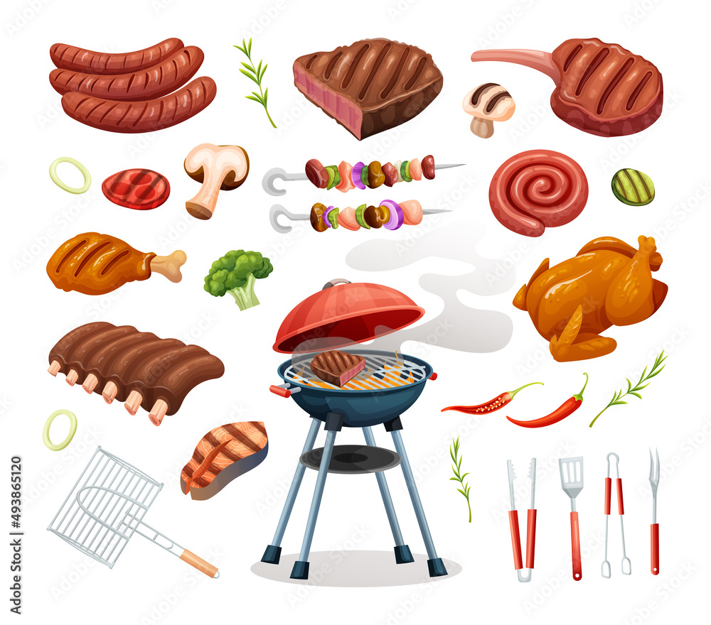 Set of barbecue party elements grilled meat and ingredients. BBQ ...