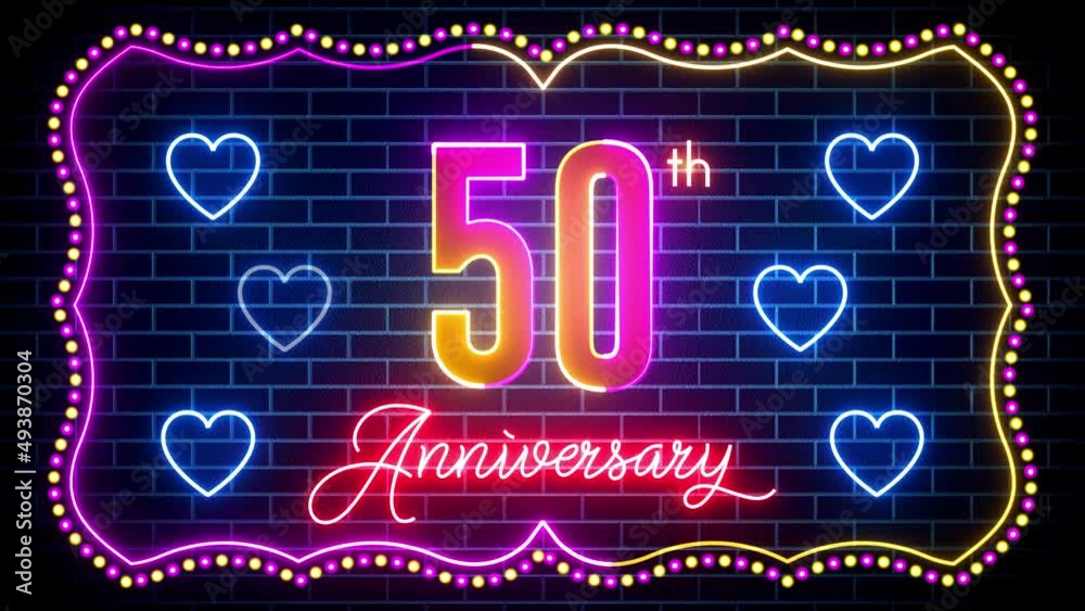 Festive Glowing Shine 50th Anniversary Text With Hearts Neon Light ...