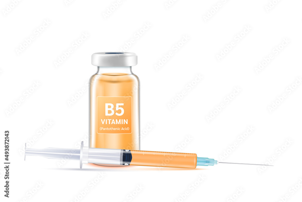 Serum collagen vitamin B5 inside bottle and syringe. Medicine injection ...