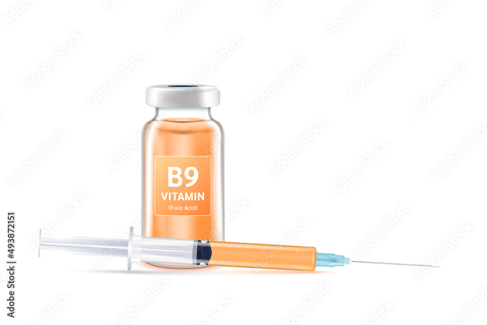Serum collagen vitamin B9 inside bottle and syringe. Medicine injection ...