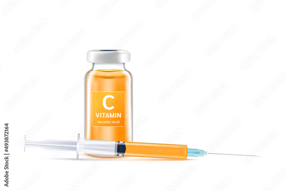 Serum collagen vitamin C inside bottle and syringe. Medicine injection ...