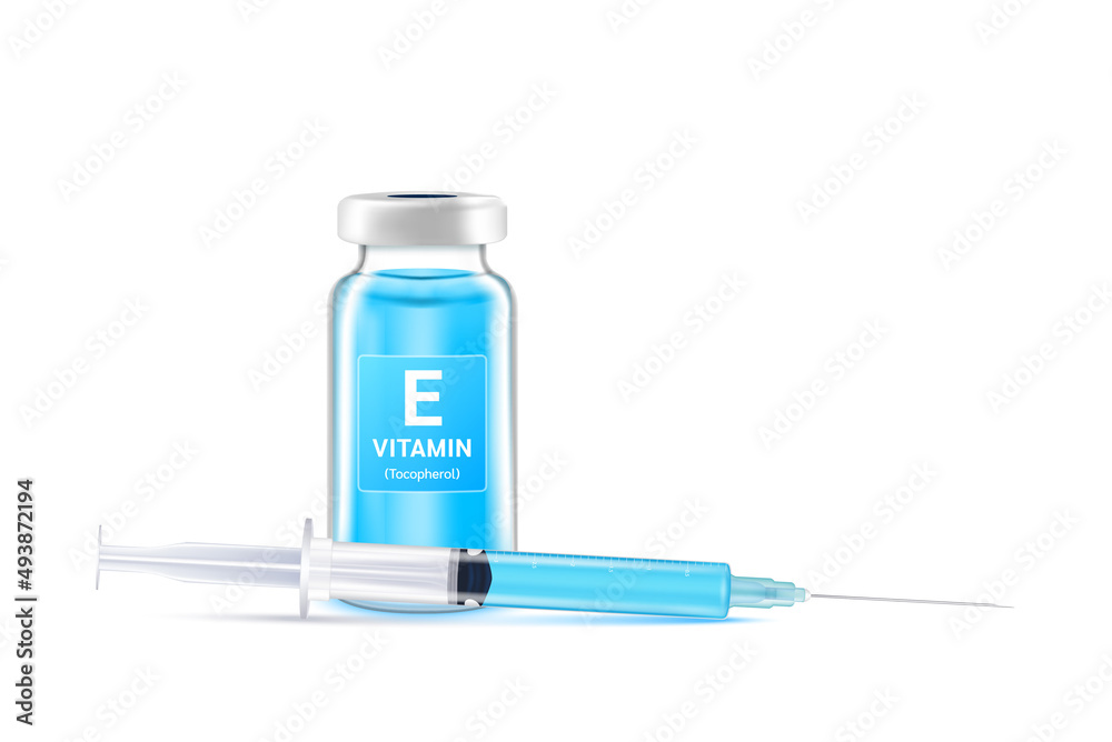 Serum collagen vitamin E inside bottle and syringe. Medicine injection ...