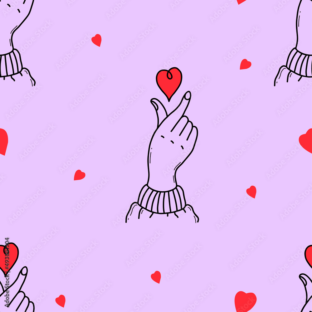 Seamless pattern with love hand gesture with hearts on purple ...