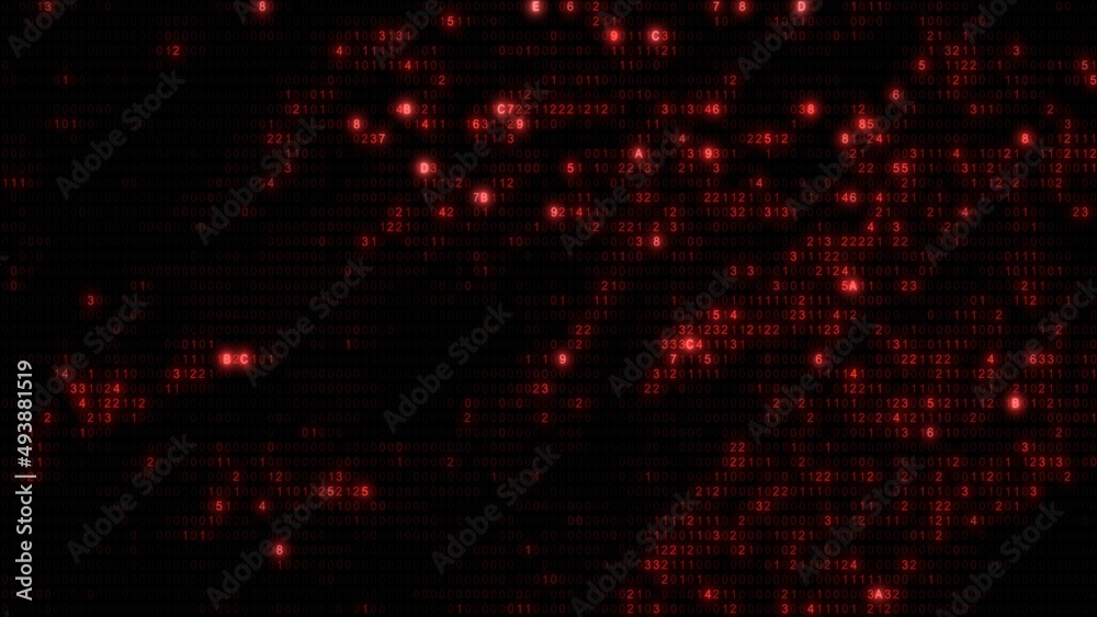 Abstract red computer hex code full-frame background. Concept binary encryption technology ...