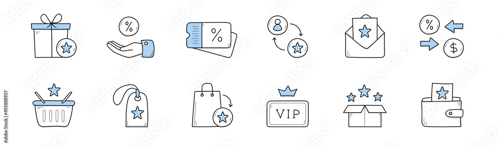 Set of loyalty program doodle icons gift box, hand with percent sign ...