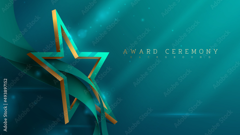 Award ceremony background and 3d gold star shape with green ribbon ...