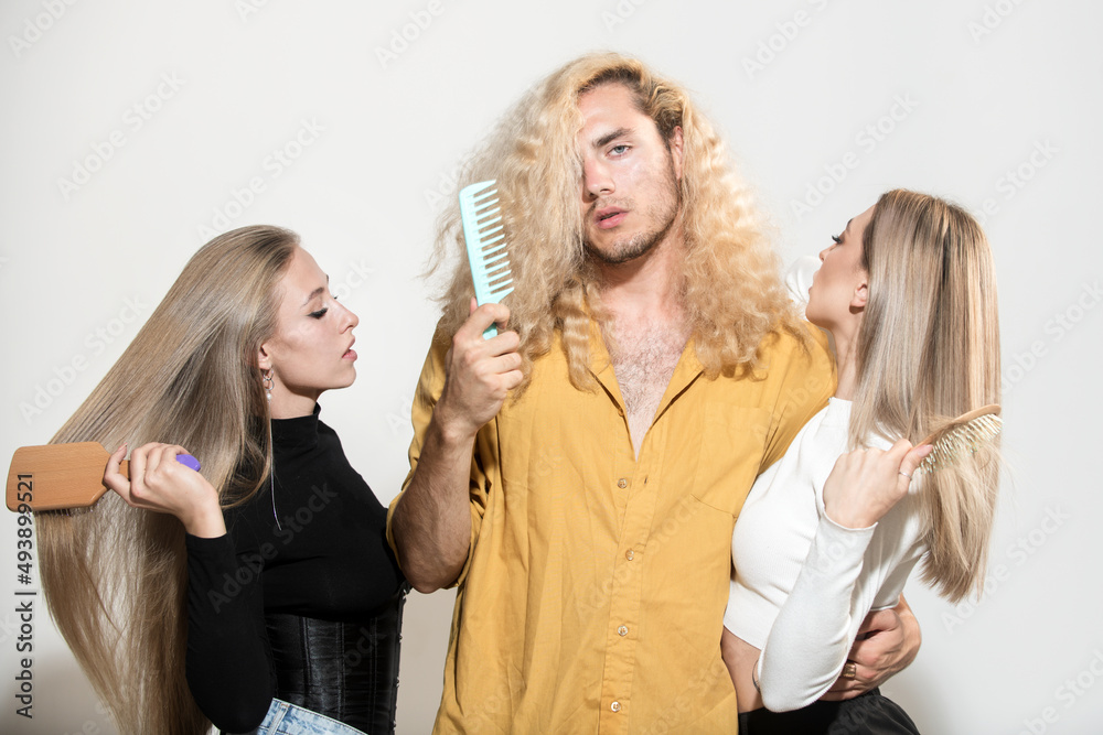 Group young people with healthy long and curly hair with brush ...