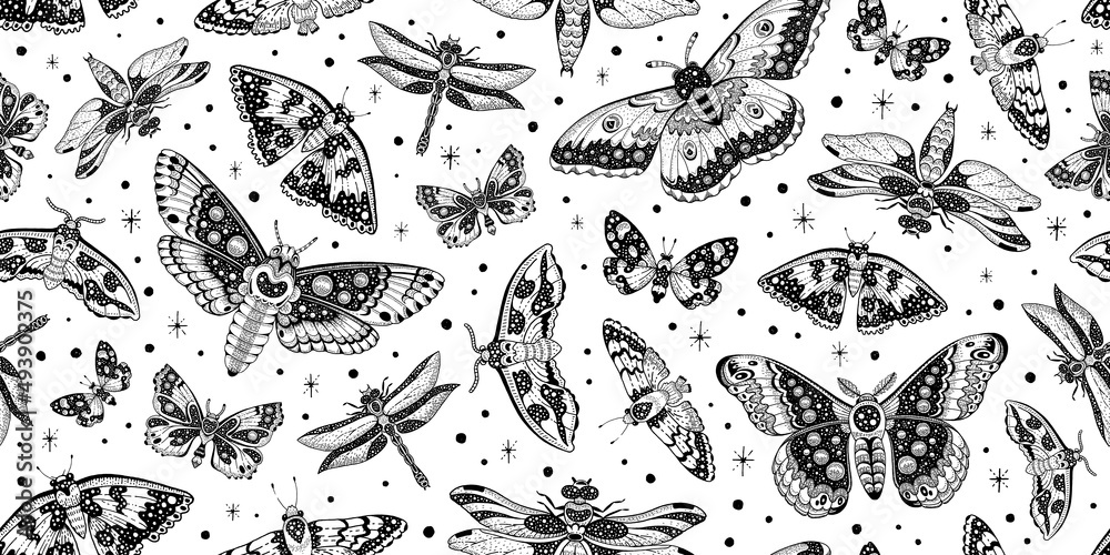 Moth butterfly pattern. Seamless moon boho vector. Celestial magic ...