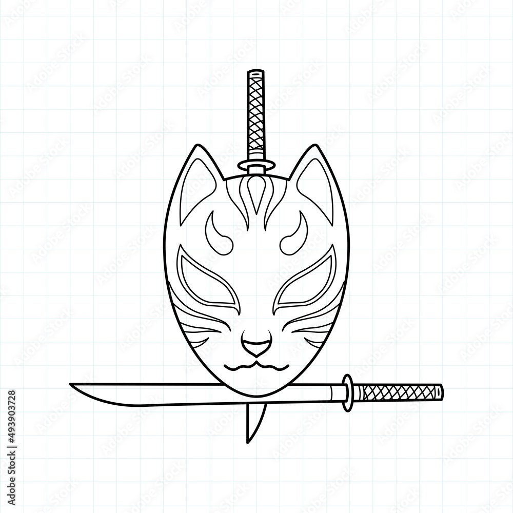 Japanese kitsune mask coloring page, Vector illustration eps.10 Stock ...