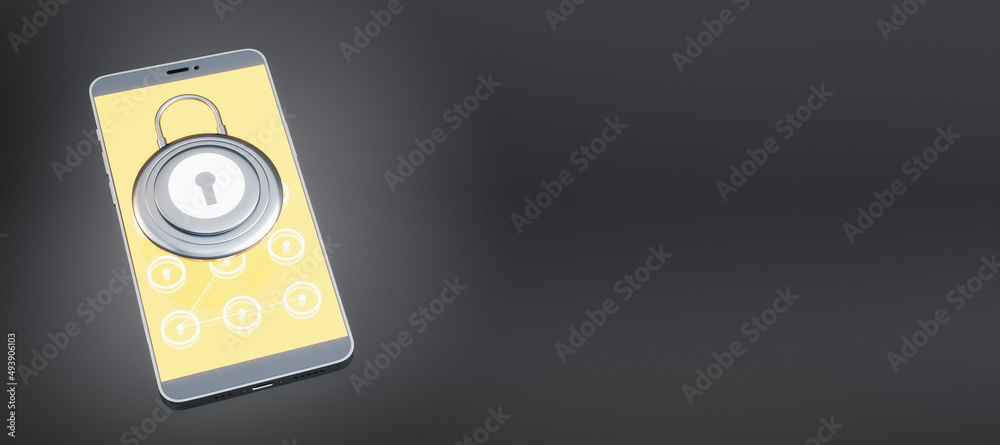 Close up of smartphone with creative padlock on screen. Wide black ...