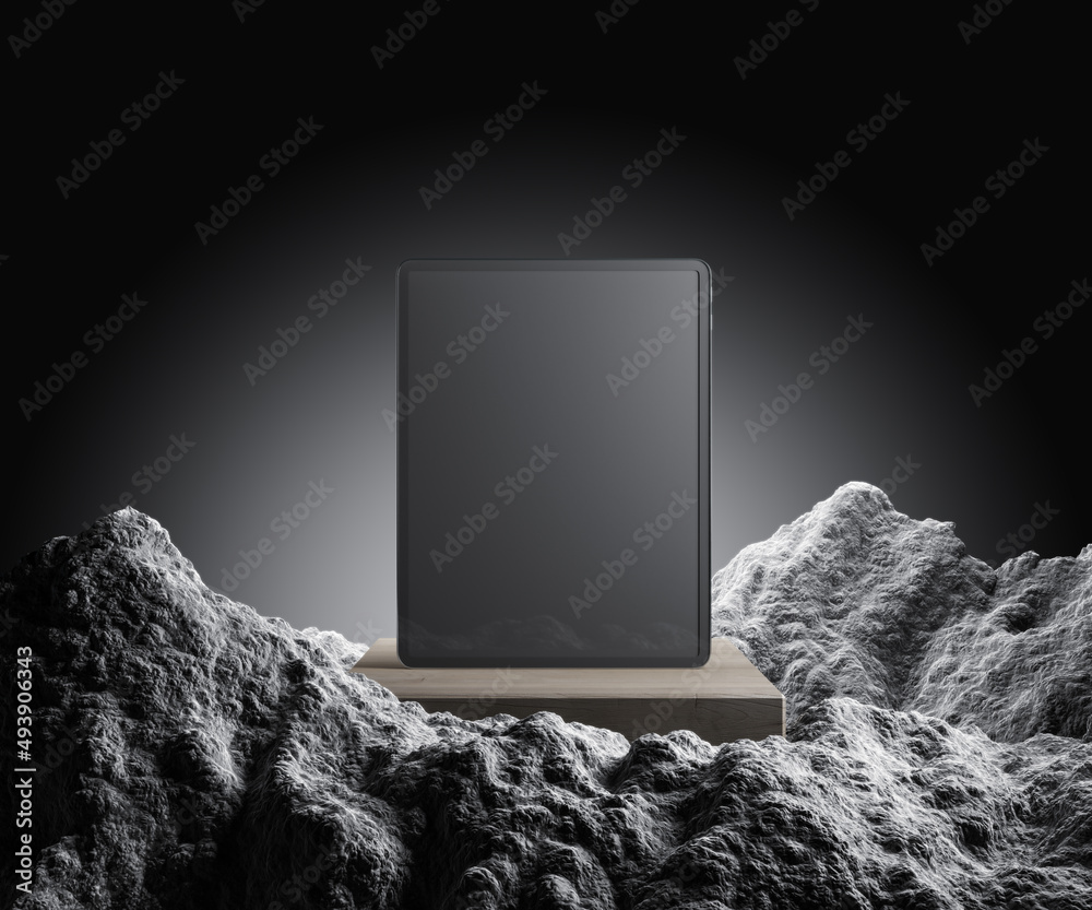 Empty tablet on creative pedestal with rock mountain on grey background ...