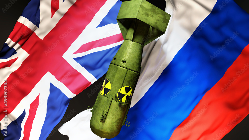 UK England and Russia nuclear war, conflict and crisis. National flags ...