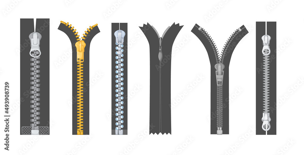 Metallic silver golden zipper with pulls. Realistic differents fastener ...