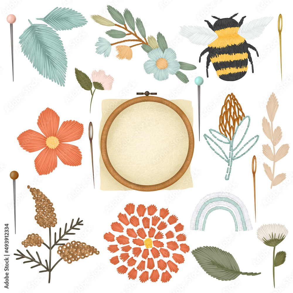 Set of floral embroidery graphic elements, accessories and attributes ...