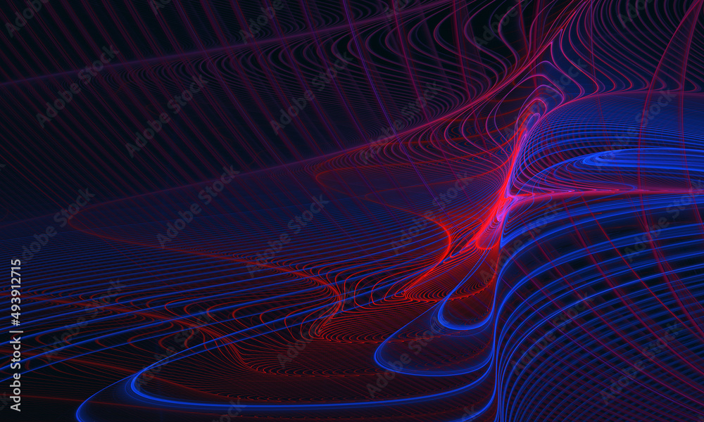 Blue red waves of sound and rhythm in digital 3d illustration. Concept ...