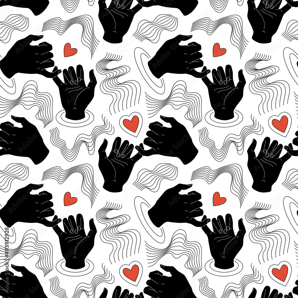 Pinky promise. Seamless pattern black silhouette of hands with red ...