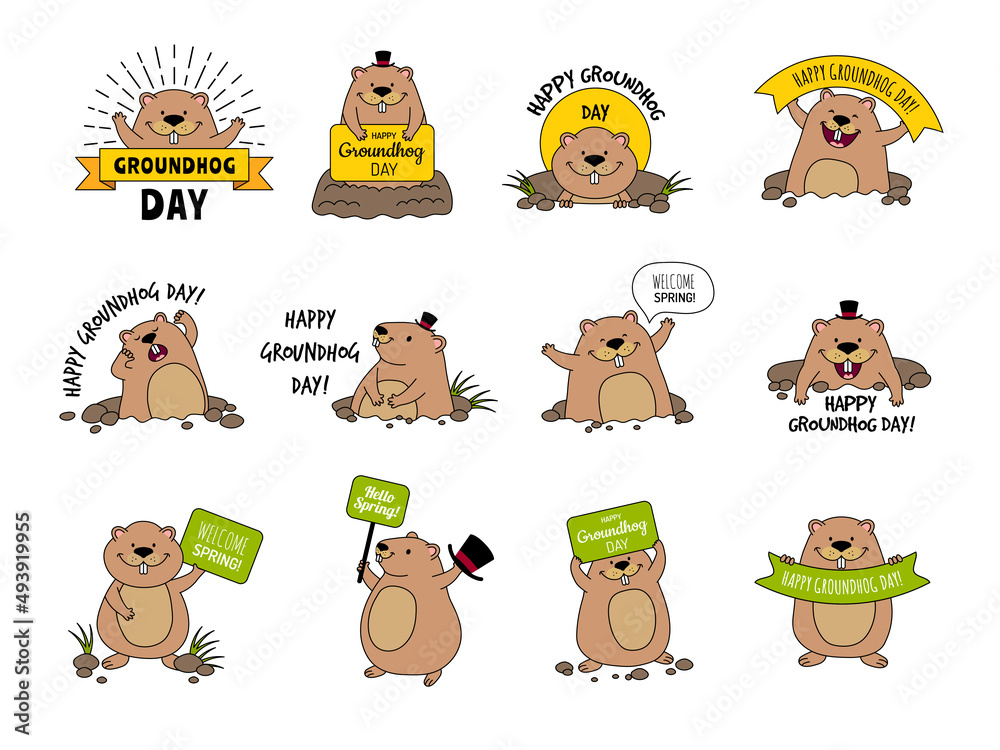 Groundhog animal badges. Cute wild animal on time loop repetition of ...