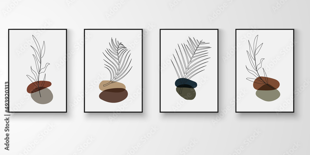 Set of wall art.Foliage line art drawing with abstract organic shape ...