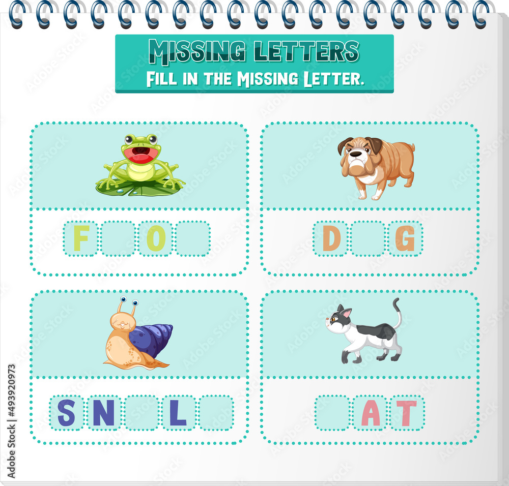 Fill the missing letter of each word worksheet for children Stock ...
