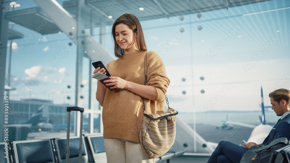 Airport Terminal: Happy Traveling Caucasian Woman Waiting at Flight ...