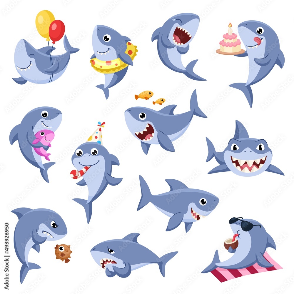 Cute sharks set. Underwater sharks, marine cartoon animals. Sea danger ...