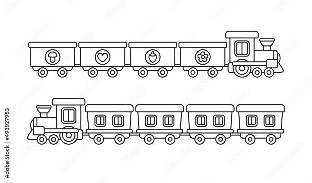Toy trains set. Locomotives with freight and passenger wagons. Vector ...