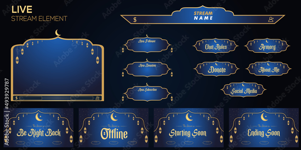 Blue and golden Live Stream Gaming facecam, overlay full Package Design ...