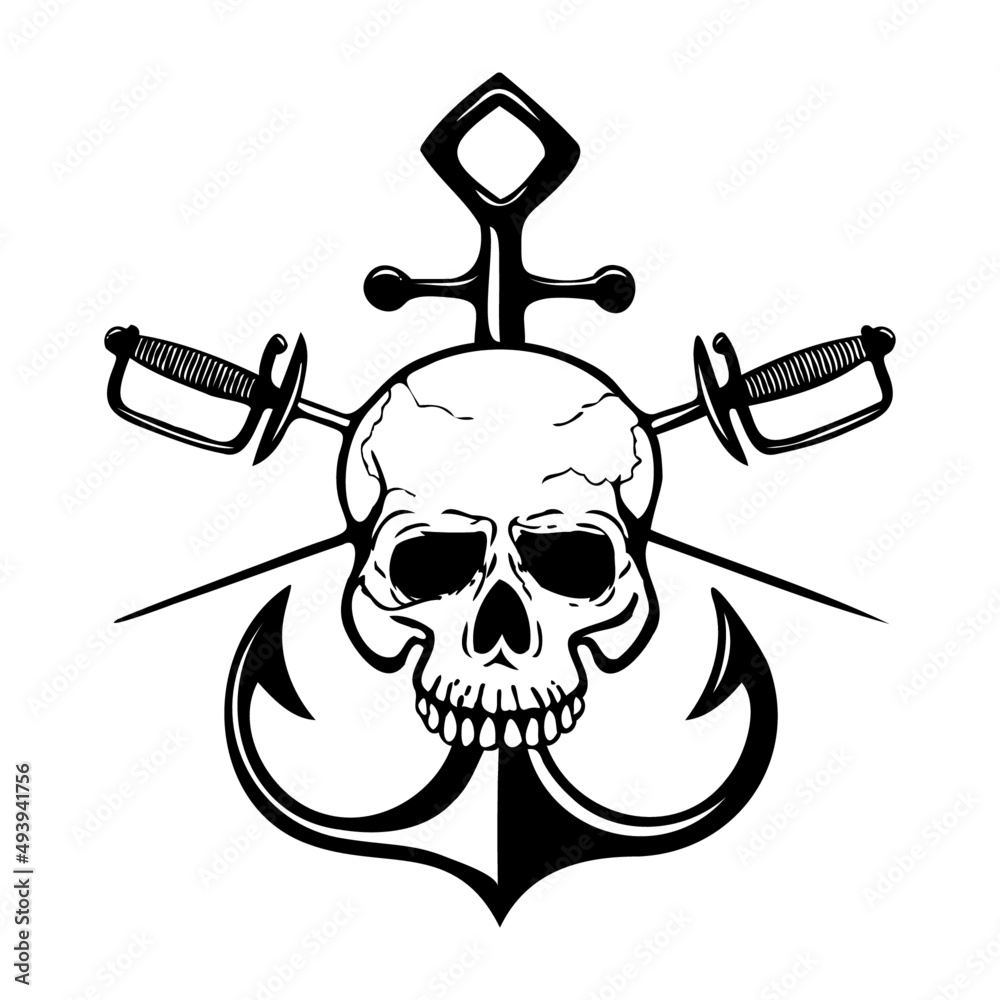 Tattoo template, seaman skull, pirate head with anchor and swords ...