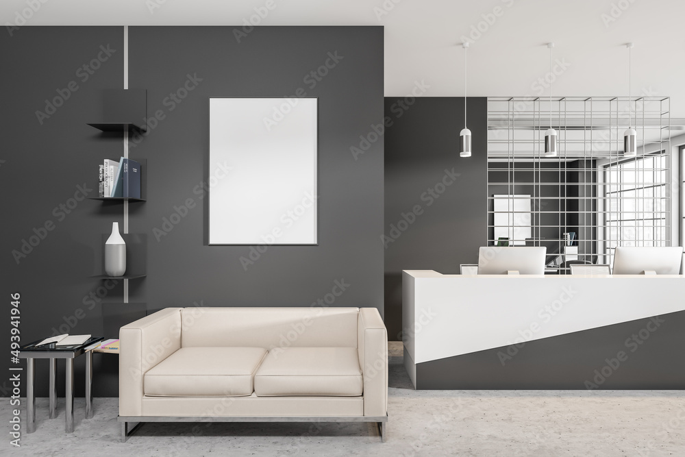 Dark office reception room interior with empty white poster, sofa Stock ...