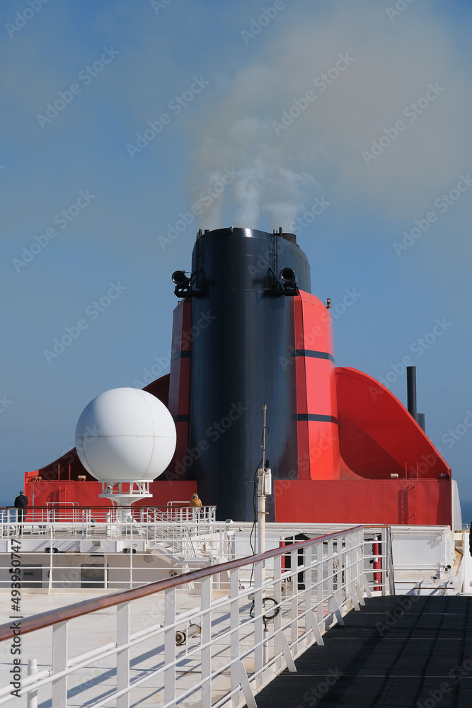 Red and black funnel of classic ocean liner cruise ship Cunard Queen ...