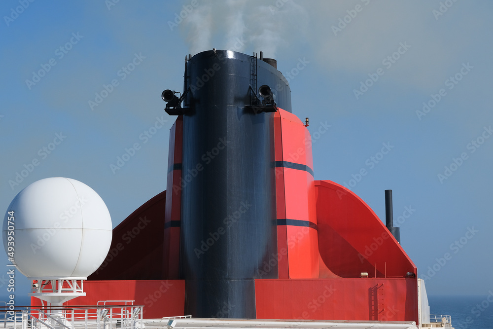 Red and black funnel of classic ocean liner cruise ship Cunard Queen ...