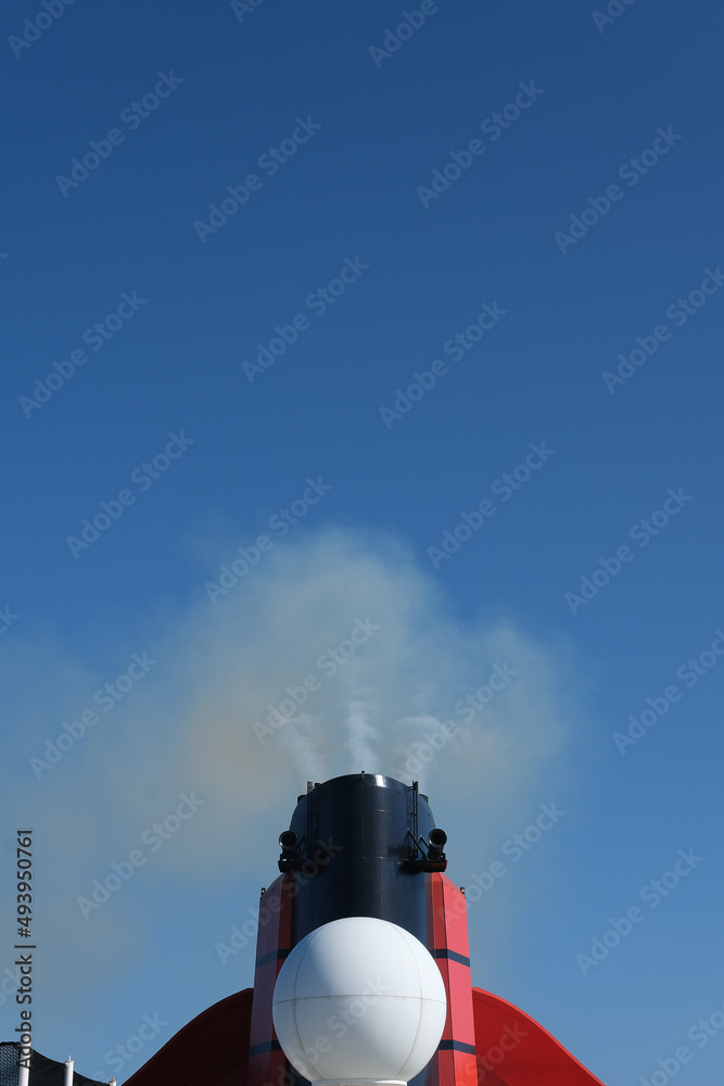 Red and black funnel of classic ocean liner cruise ship Cunard Queen ...