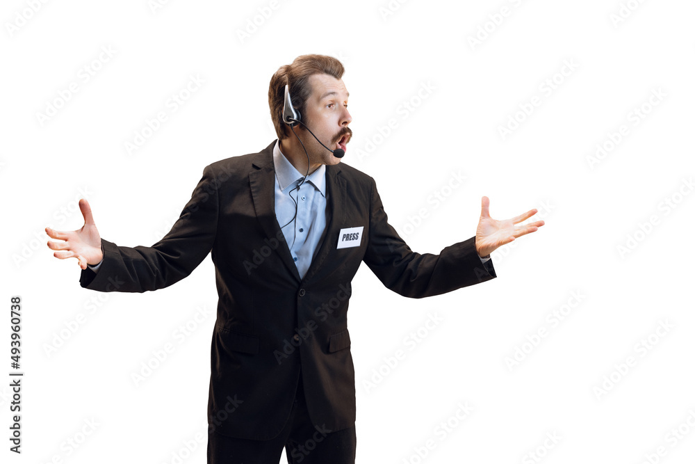 Emotive young man, professional sport commentator, journalist with ...