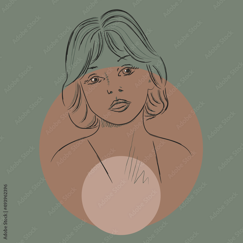 drawing of a girl with shoulder-length hair in full face Stock ...