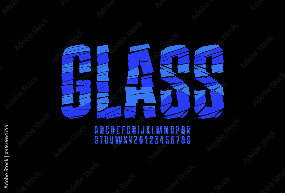 Cracked condensed font, narrow cutting alphabet made in glass style ...