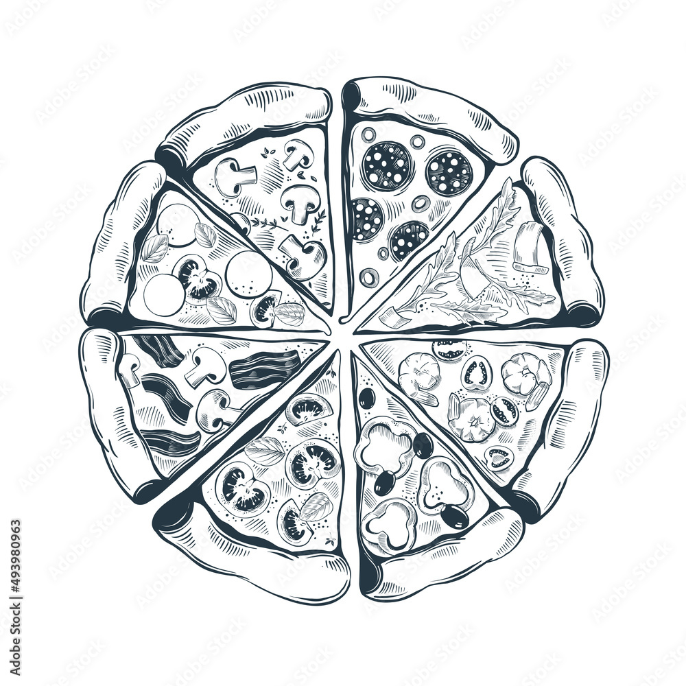 Hand drawn pizza slices with different toppings. Top view. Vector ...