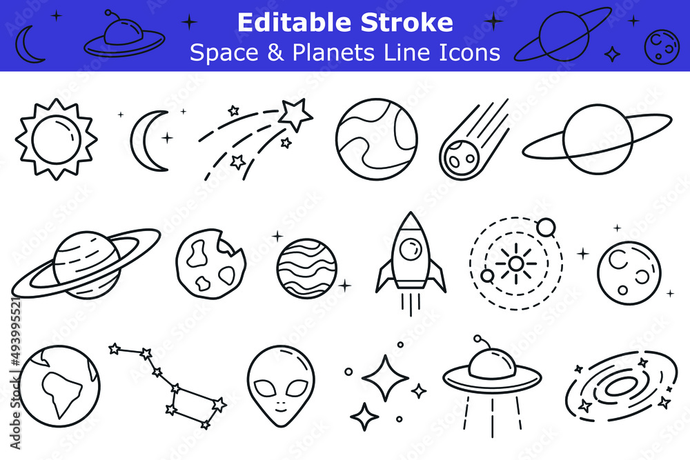 Space and planets line icons set with editable stroke. Astronomy ...