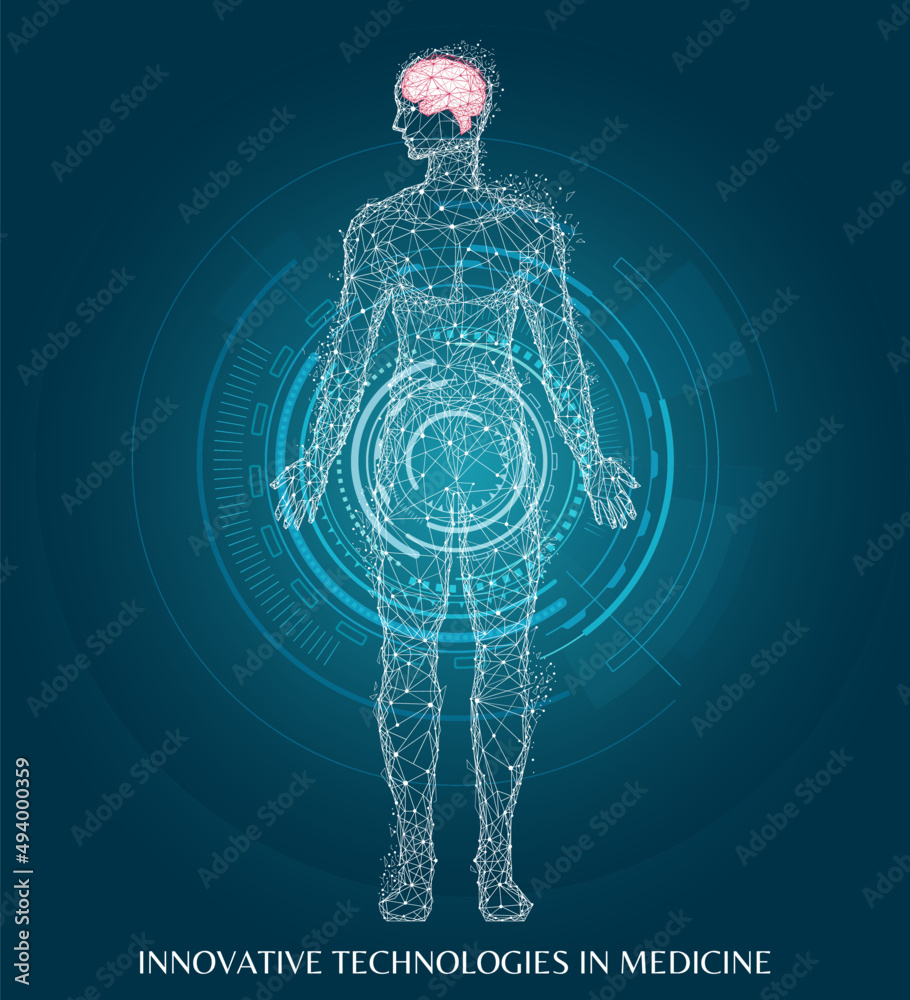 Polygonal human body with highlighted brain. Brain disease, headache ...