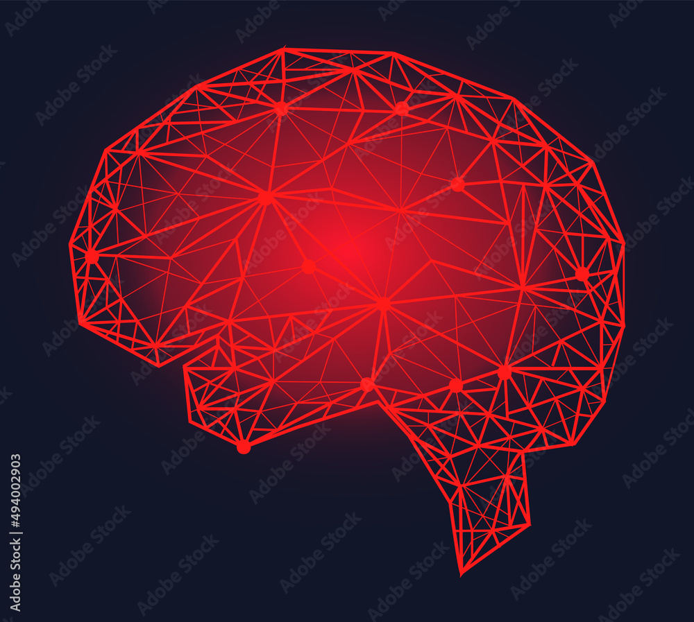 Polygonal human brain made of red lines and dots. Medical research of ...