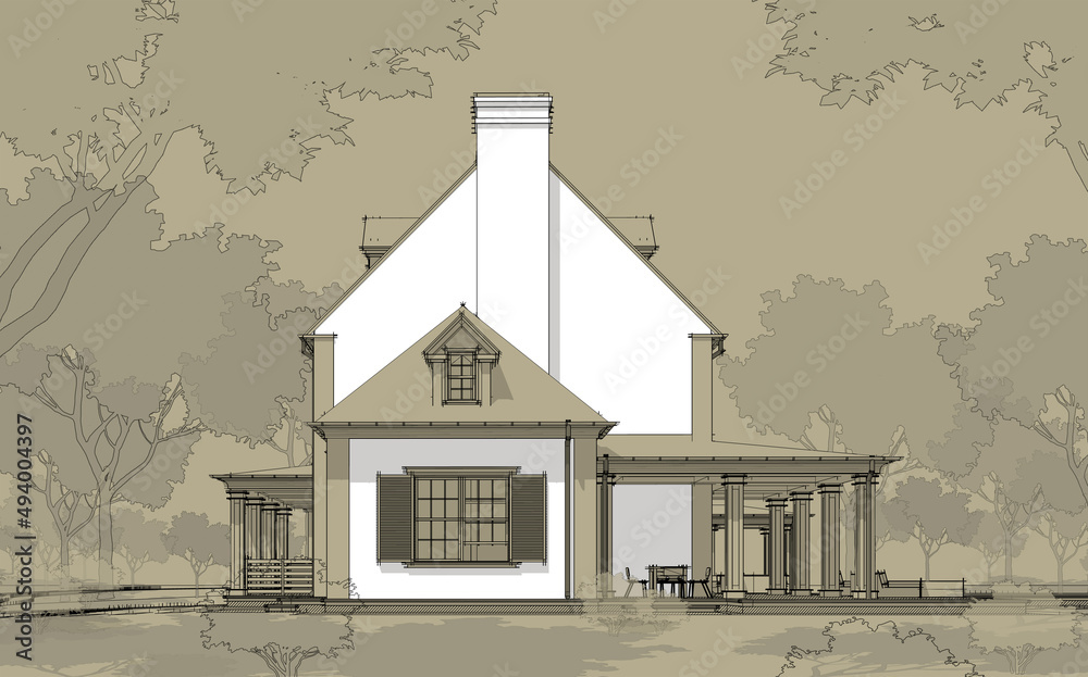 3d rendering of modern cozy classic house in colonial style with garage ...