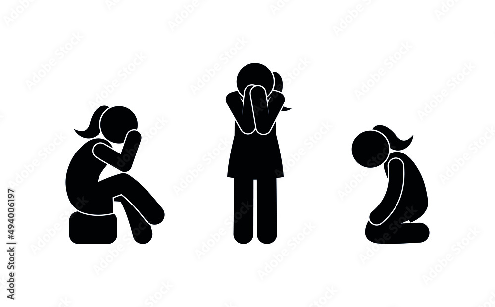 Plakat woman crying and suffering, stick figure icon, stickman ...