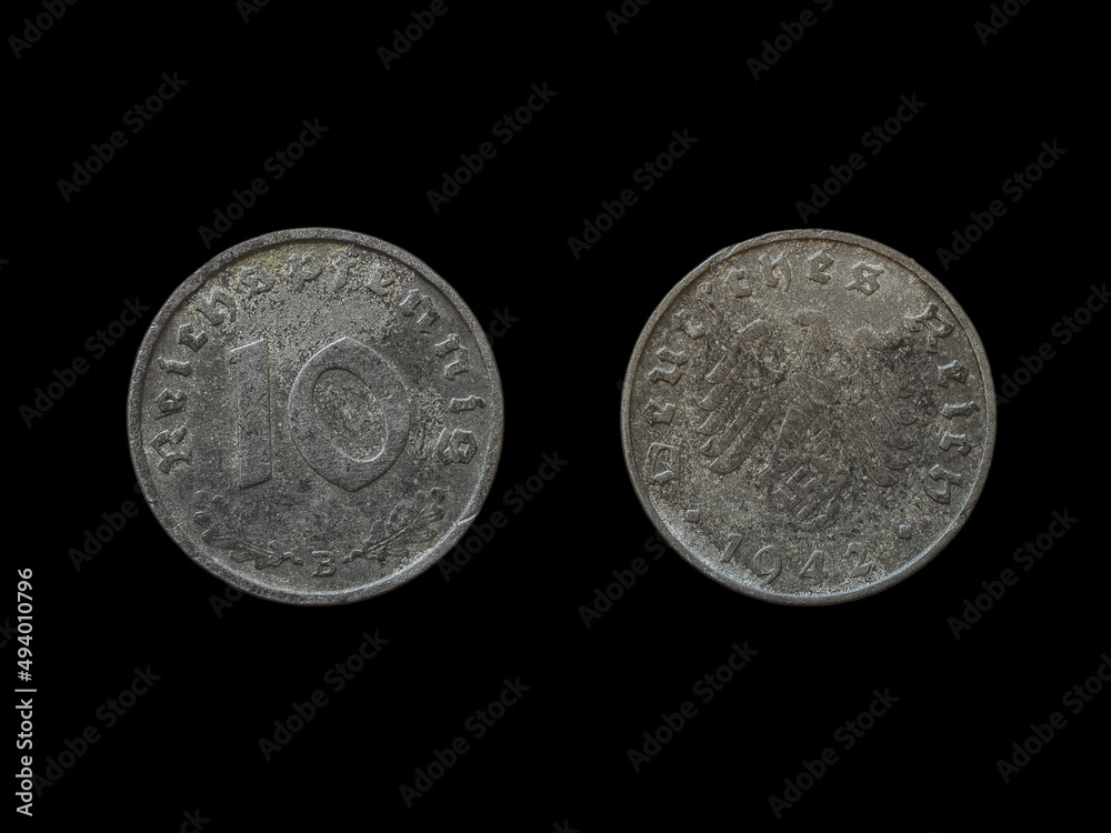 Top view of the front and back of a historic Nazi Germany reichsmark ...