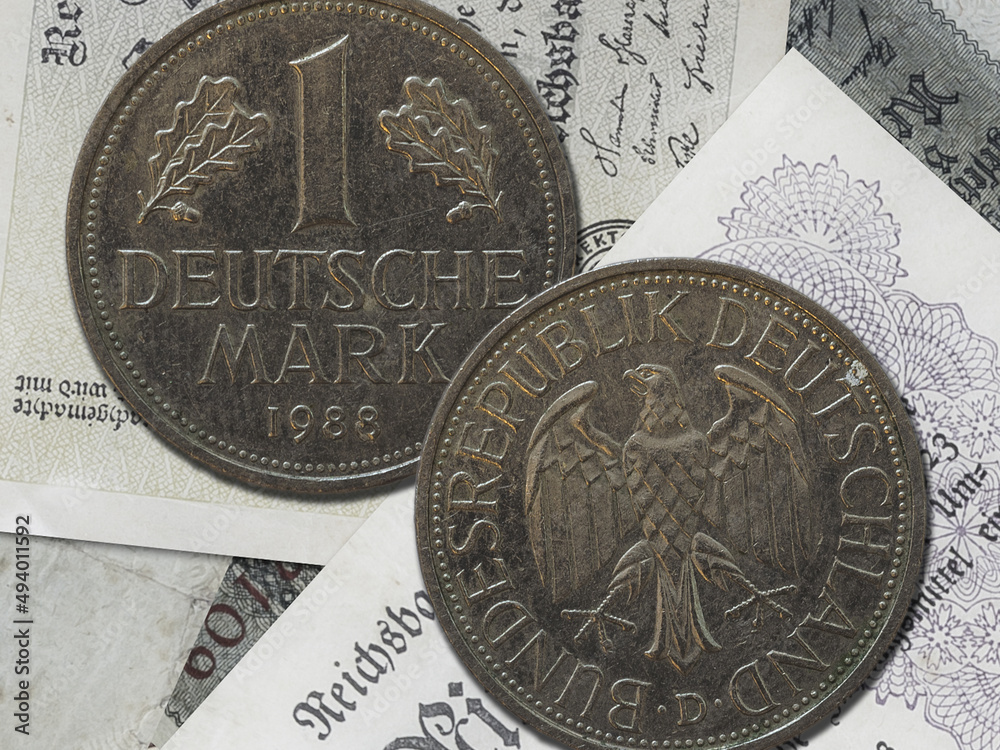 Top view of the front and back of a historic West Germany deutsche mark ...