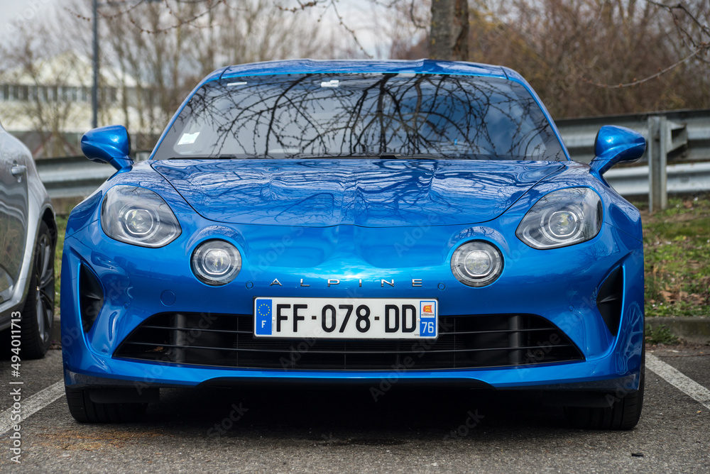 Mulhouse - France - 13 March 2022 - Front view of blue Alpine a 110 ...