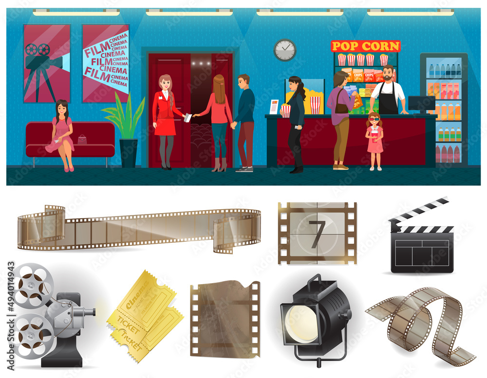 Different people buy tickets and food in lobby of cinema vector ...