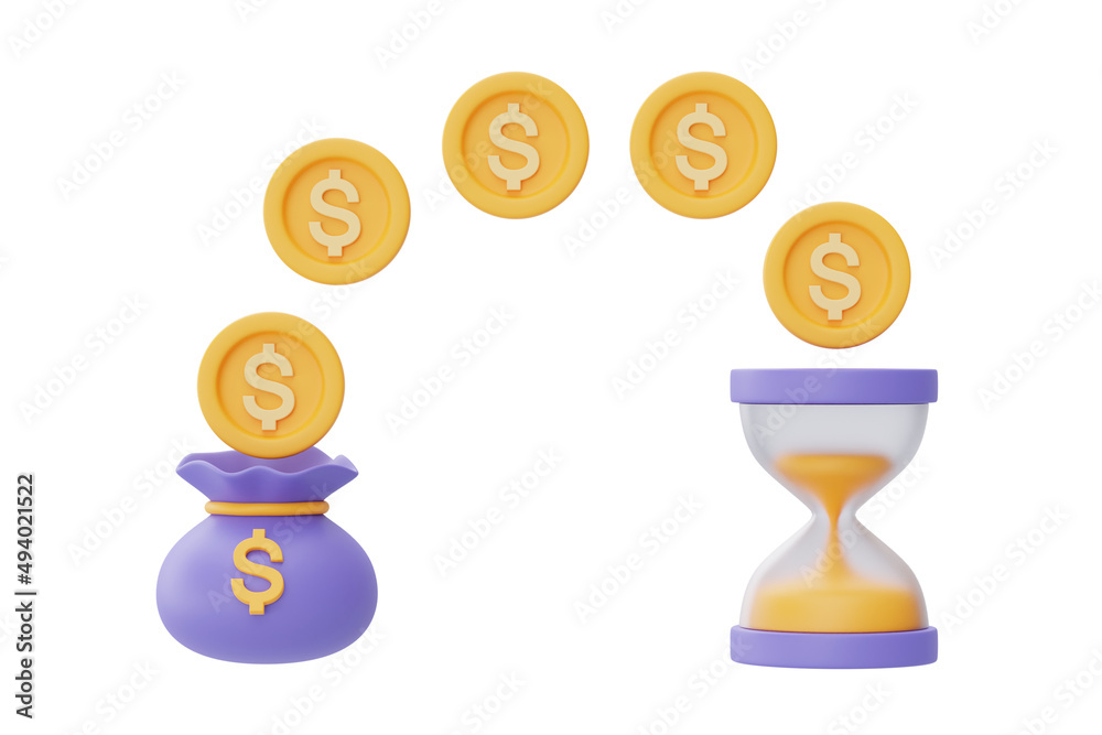 Time value of money concept with hourglass and coin bag,time management ...