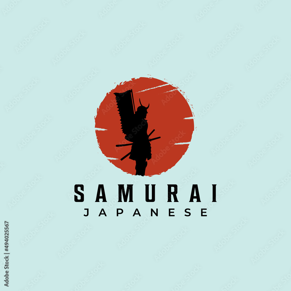 Samurai standing logo designed on sunrise background vector graphics ...