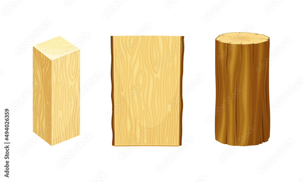 Woodworking industry materials set. Log and wood planks cartoon vector ...