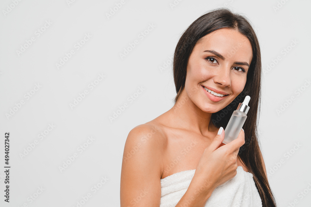 Caucasian beautiful young woman girl lady in bath spa towel using ...
